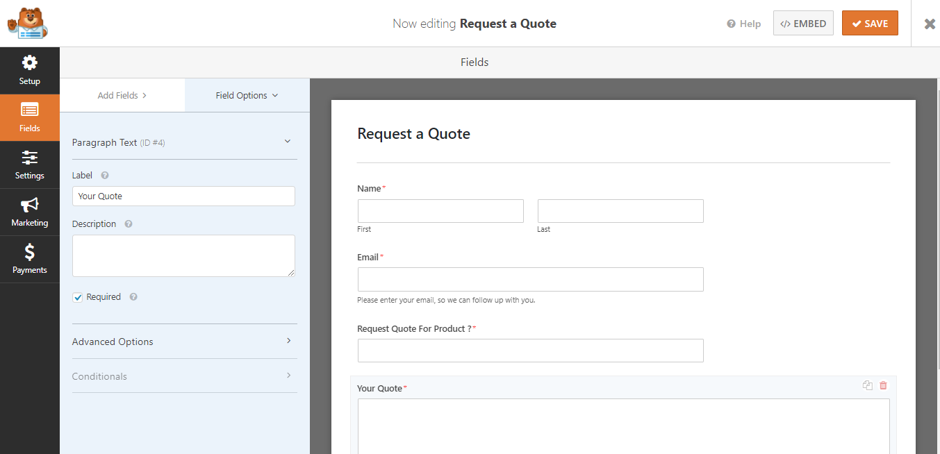 Easily create a Request a Quote form / Enquiry form for WordPress